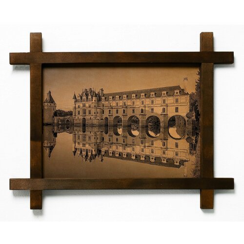 Картина Замок Шенонсо, Франция, гравировка на натуральной коже, интерьерная для украшения и декора на стену в деревянной раме, подарок, BoomGift