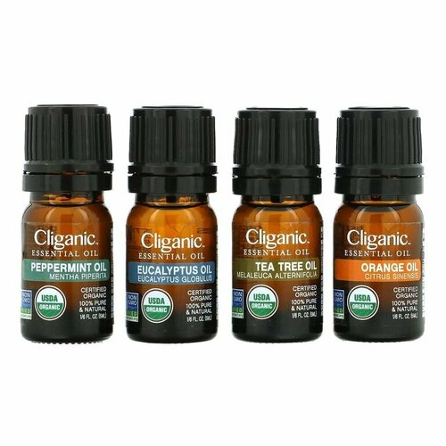 Cliganic, Essential Oil, набор для ароматерапии, эфирные масла, 4 флакона
