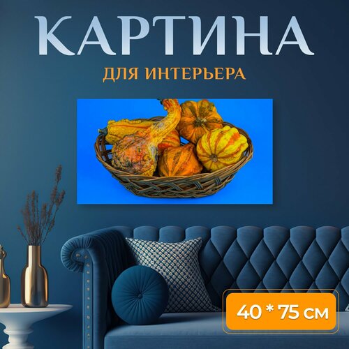 Картина на холсте "Тыква, овощи, корзина" на подрамнике 75х40 см. для интерьера