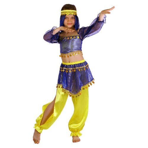 Карнавальный костюм "Восточная красавица. Шахерезада", топ с рукавами, штаны, повязка, цвет сине-жёлтый, размер 34, рост 134 см
