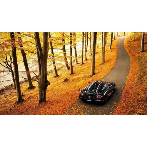 Картина на холсте 60x110 LinxOne "Koenigsegg дорога осень суперкар" интерьерная для дома / на стену / на кухню / с подрамником