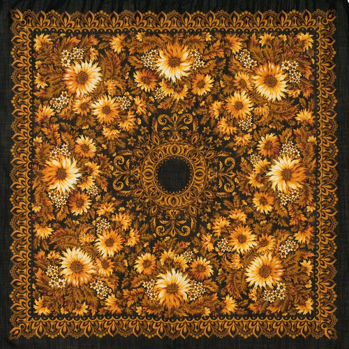 Платок Павловопосадская платочная мануфактура,125х125 см, коричневый, желтый
