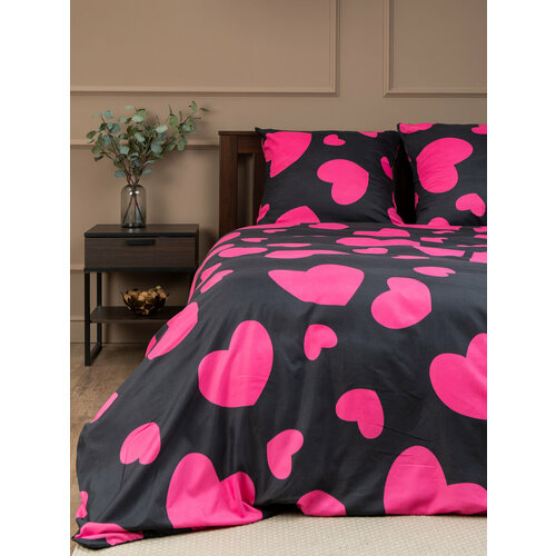 Постельное белье Amore Mio серии Макосатин 1,5 спальное, микрофибра, полисатин, комплект черный, розовый с рисунком сердце