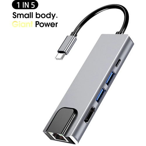 Хаб/Концентратор USB-C HUB 5 в 1/Переходник с USB 3.0, RJ45, HDMI 4K, PD Зарядка до 100W для MacBook Pro/Air