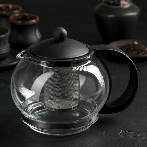 Чайник стеклянный заварочный Вдохновение, 1,25 л, с металлическим ситом, цвет чeрный