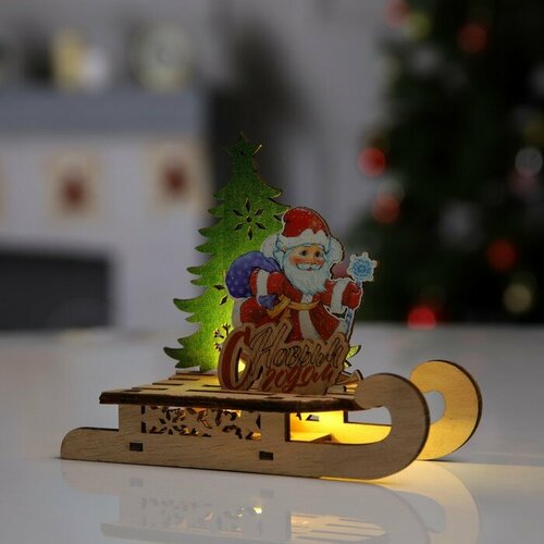 Светодиодная фигура «Сани с Дедом Морозом» 15.5 × 12 × 5.5 см, дерево, батарейки LR1130х3, свечение тёплое белое