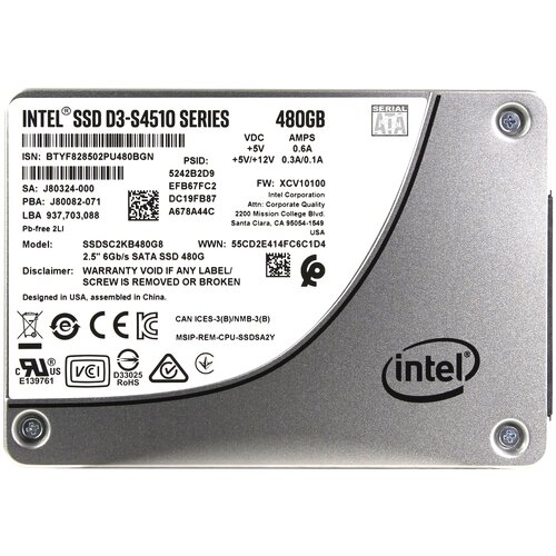 Твердотельный накопитель Intel D3-S4510 480 ГБ SATA SSDSC2KB480G801