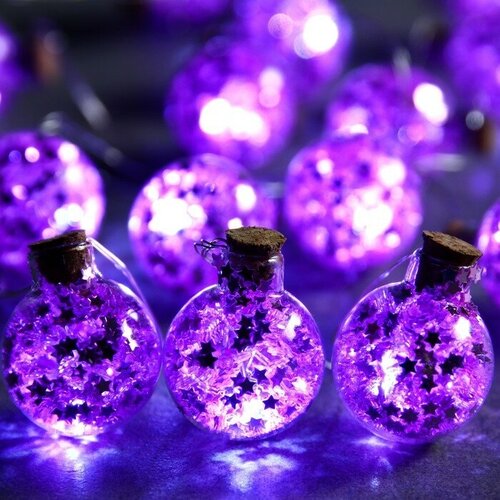 Luazon Lighting Гирлянда «Нить» 1.6 м с насадками «Фиолетовые шарики», IP20, серебристая нить, 15 LED, свечение белое, ААх2