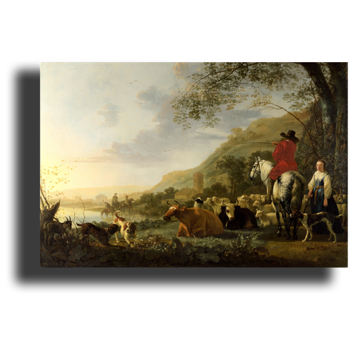 Репродукция " Альберт Кейп - Холмистый речной пейзаж с всадником, говорящим с пастушкой"