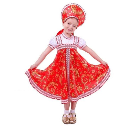 Русский народный костюм с кокошником, красно-бежевые узоры + бомбоны на шнурке, р. 36, рост 140 см