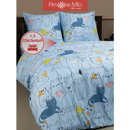 Постельное белье Amore Mio серии Макосатин 1,5 спальное, микрофибра, полисатин, комплект голубой с рисунком котики