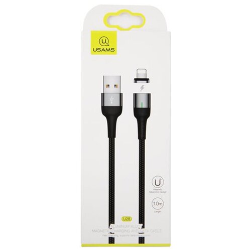 Дата-кабель Usams US-SJ326 U28 USB - Lightning 3A (1 м) с индикатором магнитный нейлоновая оплетка серый (SJ326USB