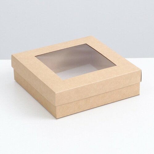 Коробка складная, крышка-дно, с окном, крафтовая, 20 х 20 х 6 см .5 шт.