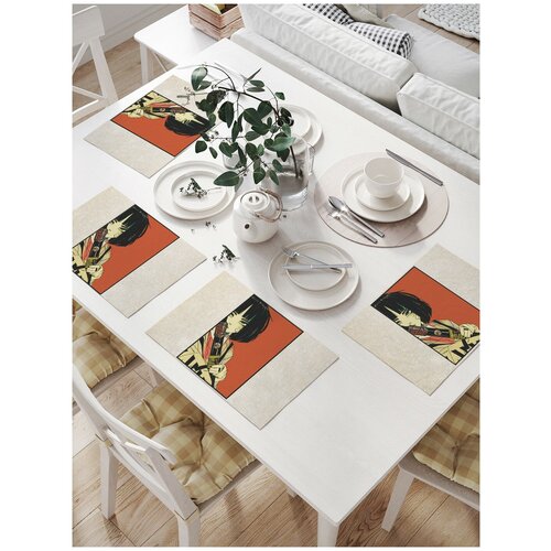 Салфетки на стол для сервировки прямоугольные, плейсмат JoyArty "Японская девушка", 32x46 см, в комплекте 4шт.