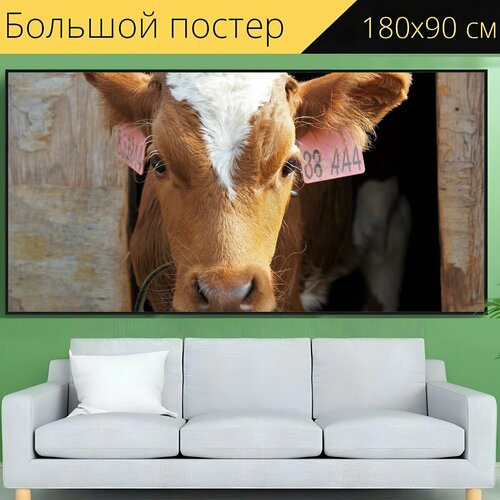 Большой постер "Корова, телец, щенок" 180 x 90 см. для интерьера