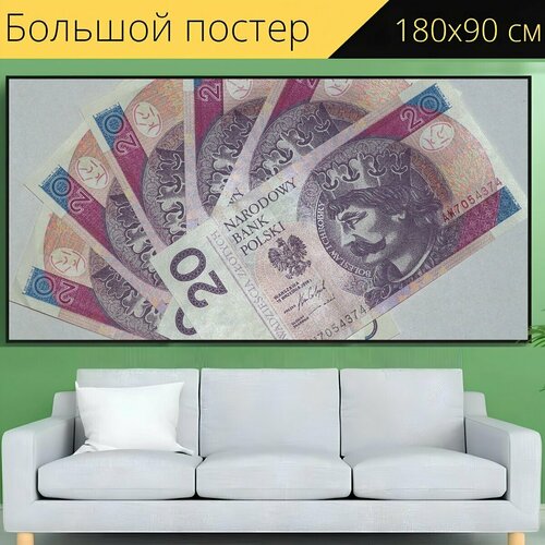 Большой постер "Деньги, банкноты, польский злотый" 180 x 90 см. для интерьера