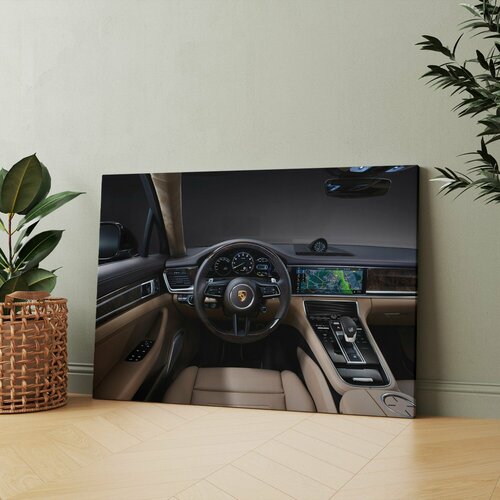 Картина на холсте "Интерьер роскошного автомобиля с сенсорным экраном" 50x70 см. Интерьерная, на стену.