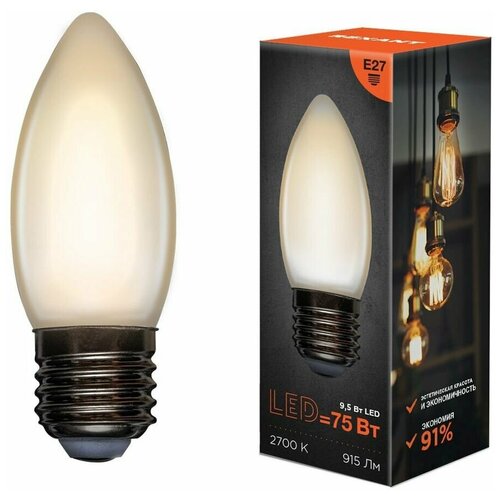 Лампа филаментная Rexant 604-097 Свеча CN35 9.5 Вт 915 Лм 2700K E27 матовая колба, 10шт