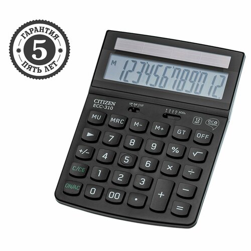 Калькулятор настольный "ECC-310", 12-разрядный, 107 х 173 х 34мм, питание от солнечной батареи, черный