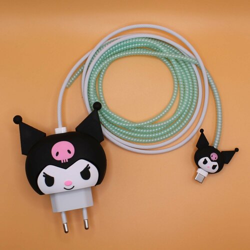 Комплект с обмоткой-спиралью для кабеля и защитный чехол для зарядки и защита кабеля от излома - Kawaii Kuromi Каваи Куроми (зеленая)