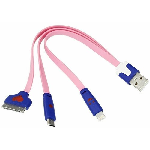 USB кабель (3 в 1) microUSB/iPhone 4/iPhone lightning 0.15 м (со светящимися смайлами), Розовый