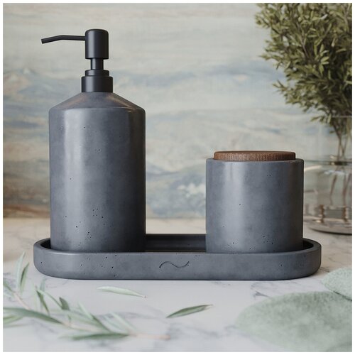 Набор для ванной Astrid №1 (дозатор для ванной с черным диспенсером 0,4 л, поднос S, контейнер S с деревянной крышкой), бетон, графитовый глянцевый