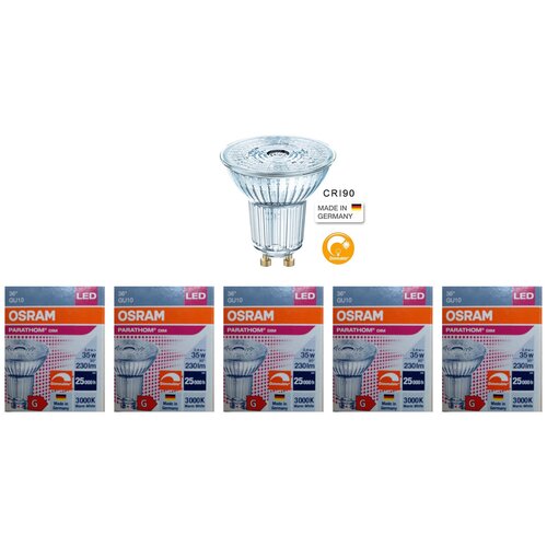 Лампа Светодиодная OSRAM 3.7W=35W 220V Софит PARATHOM GU10 PAR16 230Лм Диммируемая угол 36° 3000К Ra≥90, уп. 5шт