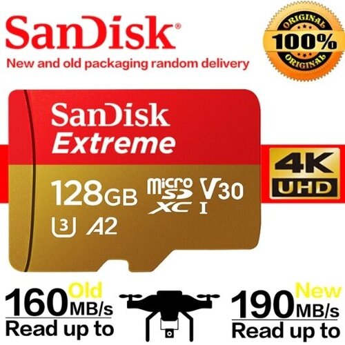 Карта памяти с адаптером SanDisk Extreme microSDXC 128 ГБ Class10 UHS Class 3 V30 A2 190/90 Mb/s (Go Pro, dji, дроны)