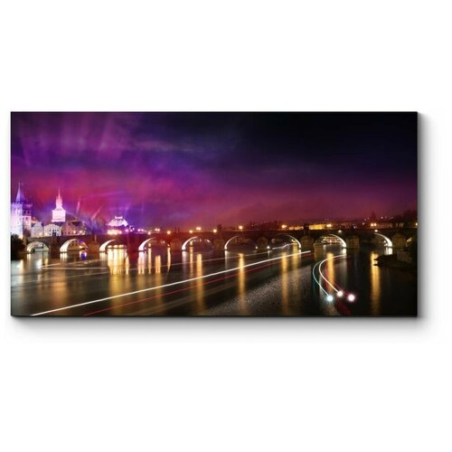 Модульная картина Карлов мост прекрасной ночью, Прага 90x45