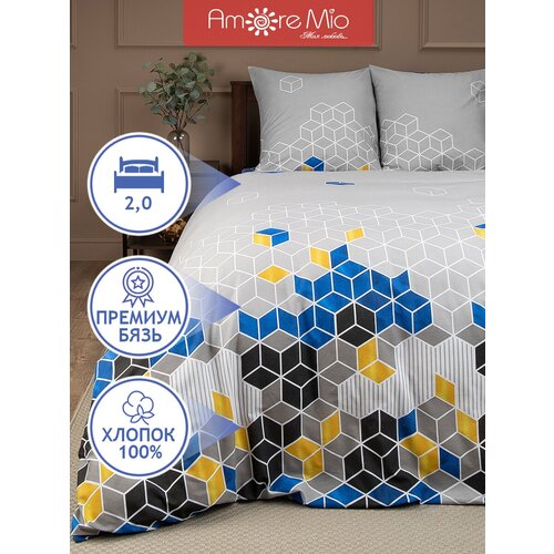 Постельное белье Amore Mio Eco cotton Quantum, 2 спальный комплект, бязь, серый, синий, геометрический рисунок