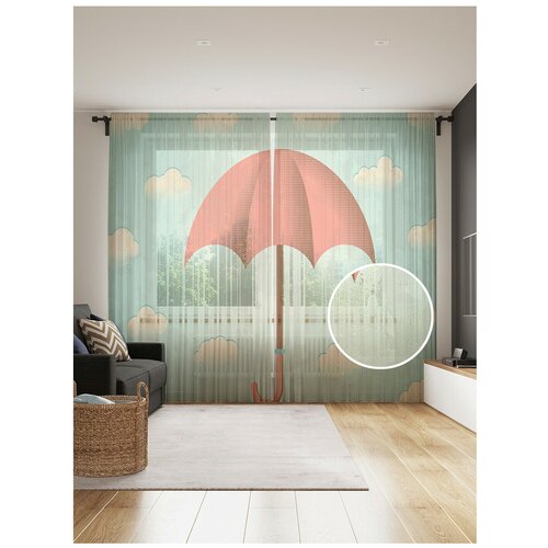 Тюль, фототюль длинный JoyArty "Зонтик от непогоды" высота 265 см, ширина 145 см (2 полотна) на шторной ленте, крючки в комплекте