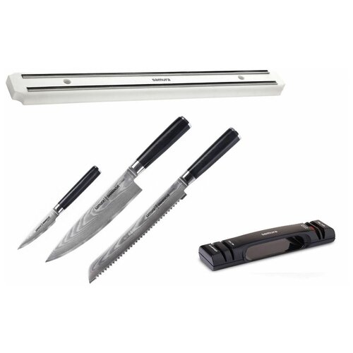 SD-10,85,55, МБД, ТДФ набор из 3 ножей овощной, ШЕФ, хлебный, магнитный белый держатель И точилка двухфункциональная
