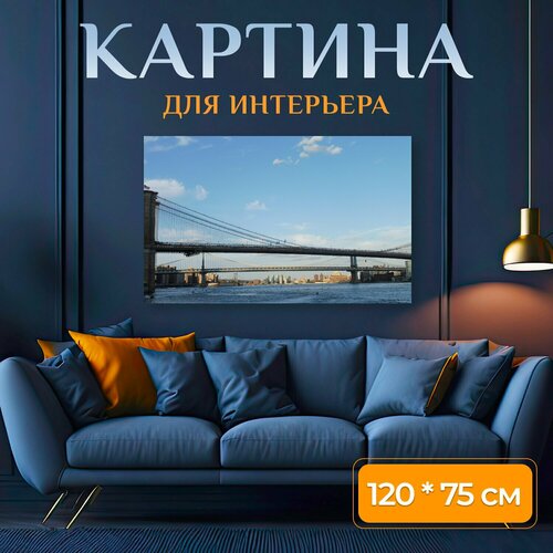 Картина на холсте "Бруклин, мост, город" на подрамнике 120х75 см. для интерьера