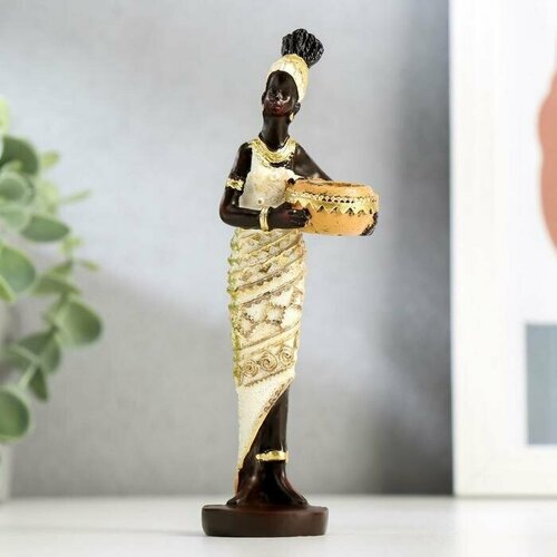 Сувенир полистоун подсвечник "Африканка в бежевом платье с золотом" 14,5х4,7х3,3 см, набор из 4 штук