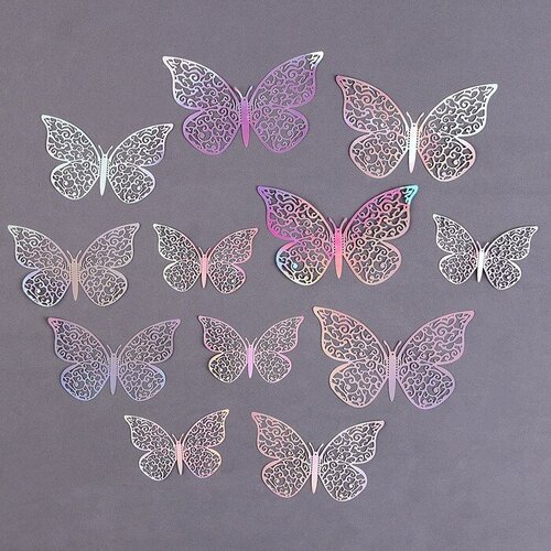 Набор для украшения "Бабочки", 12 штук, голография, цвет серебро