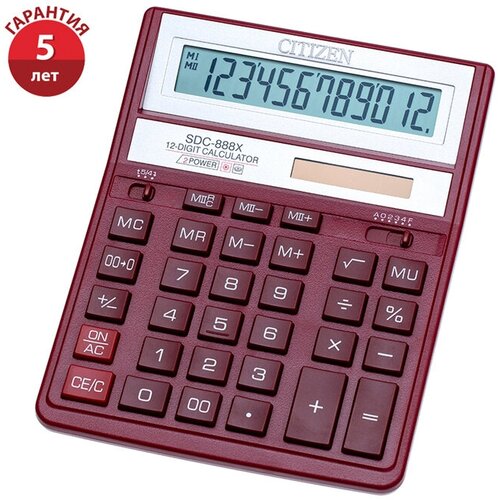 Калькулятор настольный Citizen SDC-888XRD, 12 разрядов, двойное питание, 158*203*31мм, красный