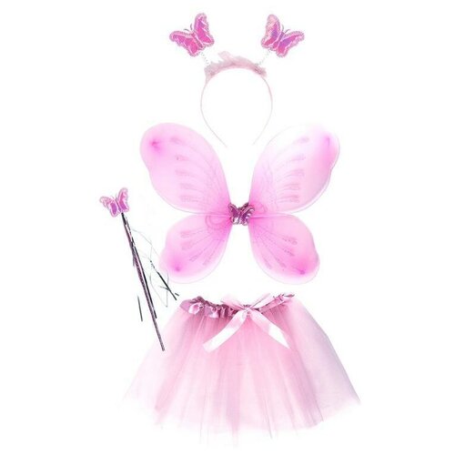 Карнавальный костюм новогодний крылья феи бабочки для девочки с юбкой, волшебной палочкой и ободком розовый 48*38см