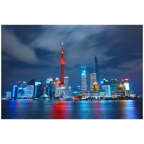 Постер / Плакат / Картина Ночной городской пейзаж Шанхая 90х120 см в подарочном тубусе