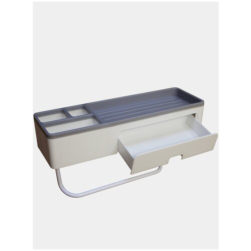 Полка-держатель для ванной комнаты пластмассовая с ящиком 32х10х7 см Цвет: Серный, белый