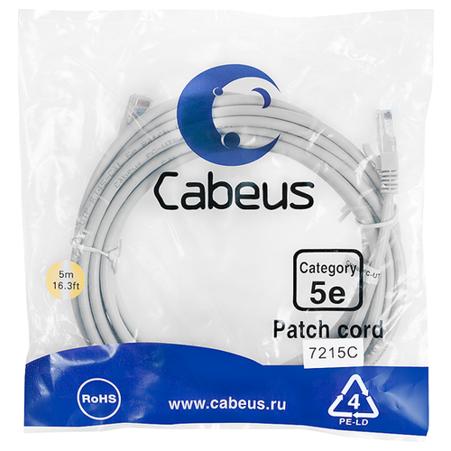 Cabeus PC-UTP-RJ45-Cat.5e-5m Патч-корд U/UTP, категория 5е, 2xRJ45/8p8c, неэкранированный, серый, PVC, 5м (PC-UTP-RJ45-Cat.5e-5m)