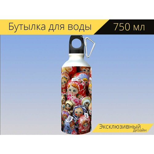 Бутылка фляга для воды "Матрушка, матрешка, бабушка" 750 мл. с карабином и принтом