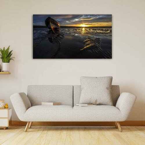 Картина на холсте 60x110 LinxOne "Море мель баркас лодка закат" интерьерная для дома / на стену / на кухню / с подрамником