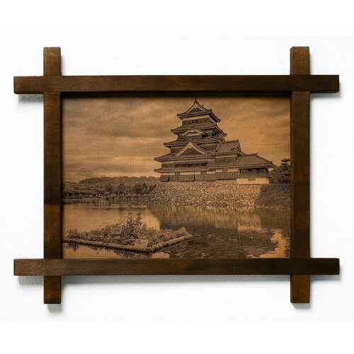 Картина Замок Мацумото, Япония, гравировка на натуральной коже, интерьерная для украшения и декора на стену в деревянной раме, подарок, BoomGift