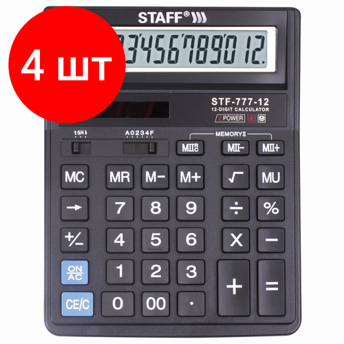 Комплект 4 шт, Калькулятор настольный STAFF STF-777, 12 разрядов, двойное питание, 210x165 мм, черный
