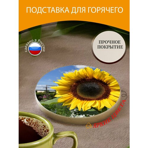 Подставка под горячее "Подсолнух, цвести, завод" 10 см. из блого мрамора