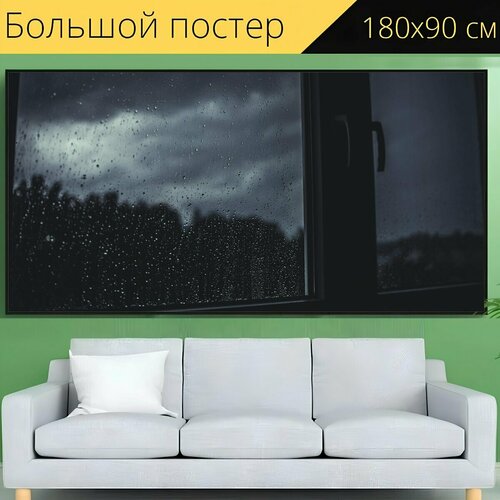 Большой постер "Темный, дождь, окна" 180 x 90 см. для интерьера