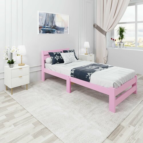 Кровать односпальная Мишка Компакт сосновая со сплошным основанием, цвет розовый, 90х190 см