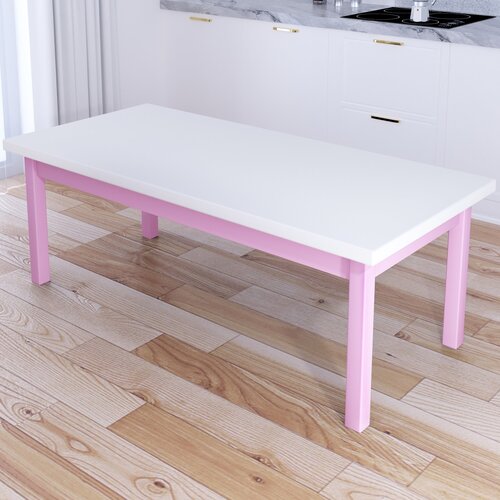 Стол журнальный Классика из массива сосны, белая столешница 40 мм и ножки розового цвета, 140х70х46 см