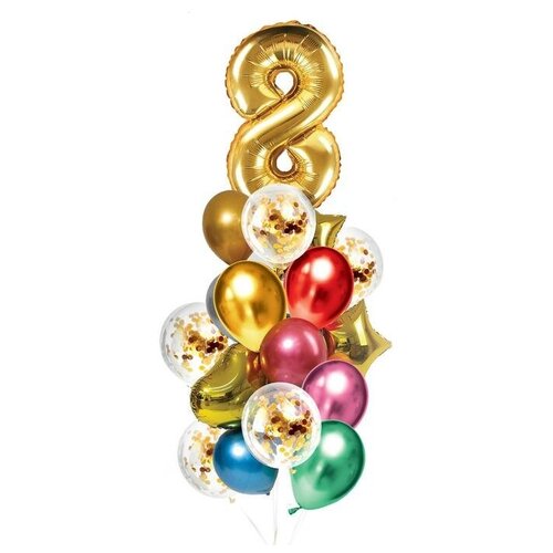 Букет из шаров Страна Карнавалия "День рождения 8 лет", фольга, латекс, набор 21 шт., цвет золотой