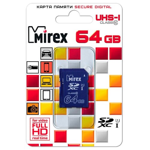 Карта памяти Mirex SDXC 64 ГБ Class 10, V10, A1, UHS-I U1, R/W 45/25 МБ/с, 1 шт., черный